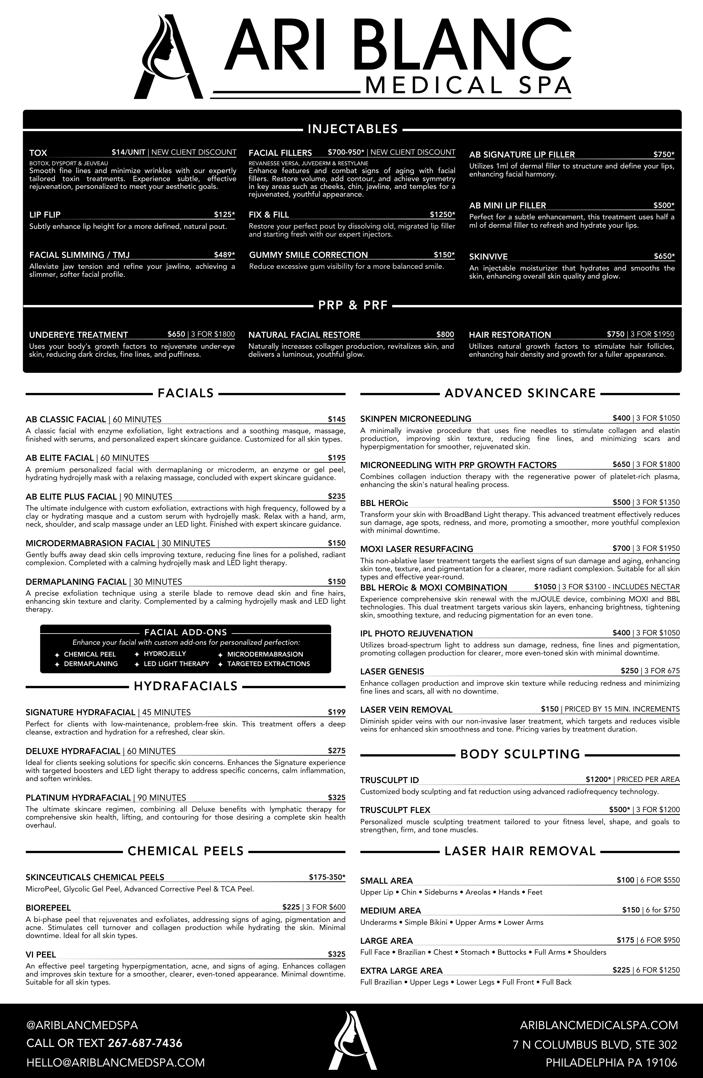 View Our Menu - Services & Pricing - Ari Blanc Medical Spa